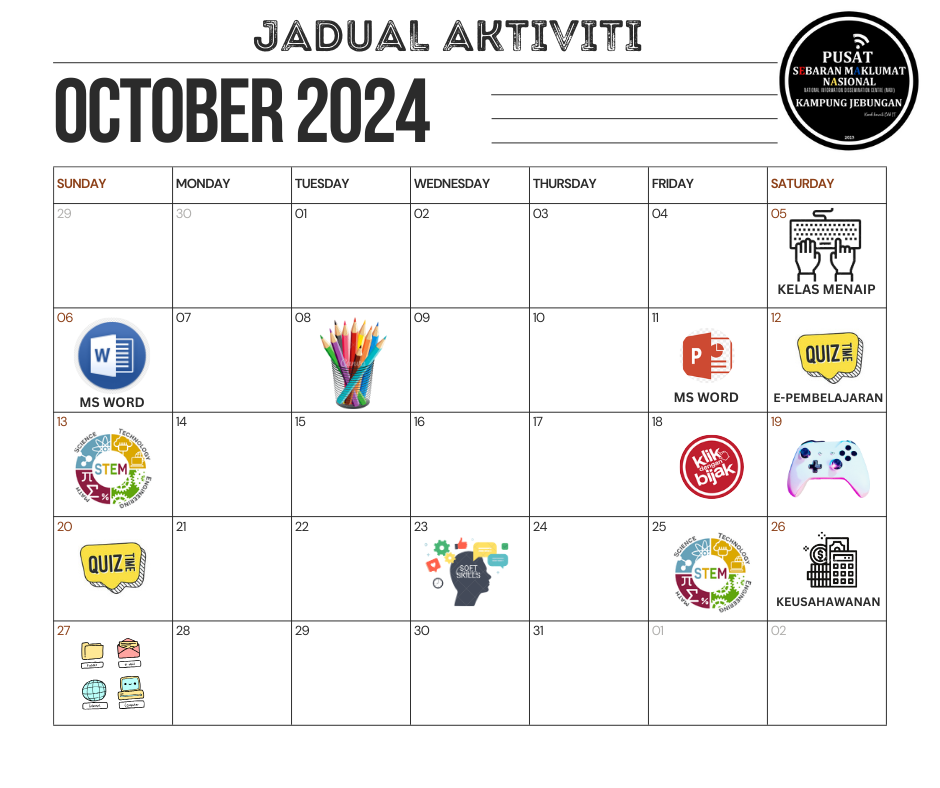 Jadual Aktiviti / Program Oktober 2024 – NADI Kg Jebungan